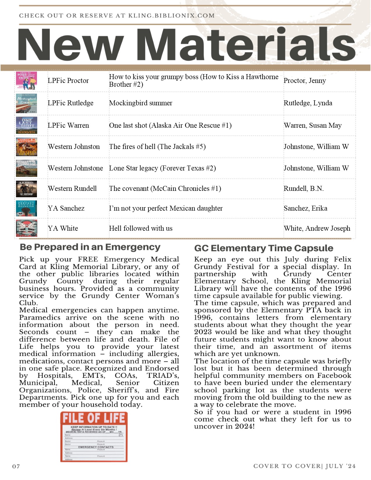 Library Newsletter :: Kling Memorial Library